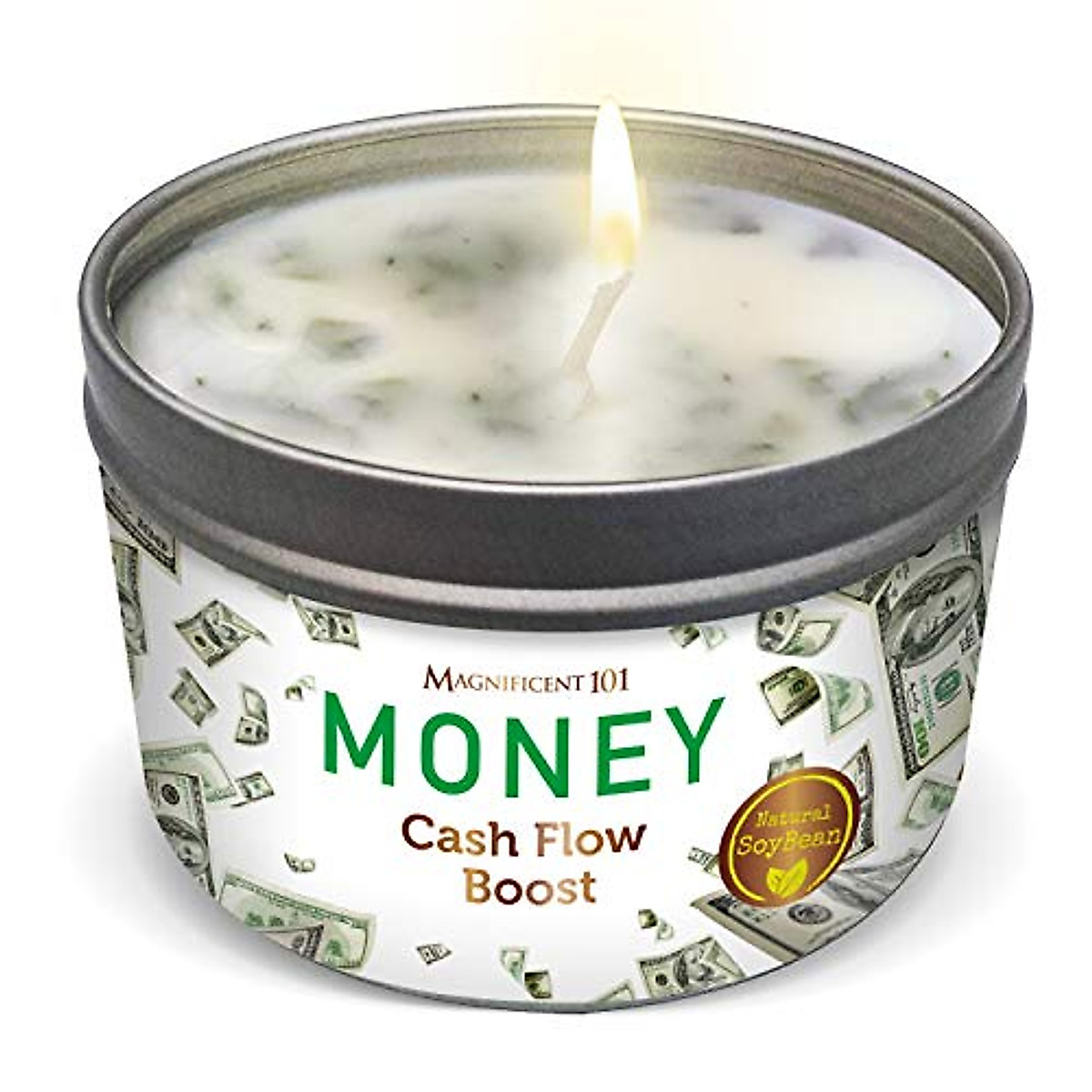 MAGNIFICENT 101 Money Aromatherapy Candle for Getting a Cash Flow Boost - Sage Cinnamon Scented Natural Soybean Wax Tin Candle for Purification and Chakra Healing