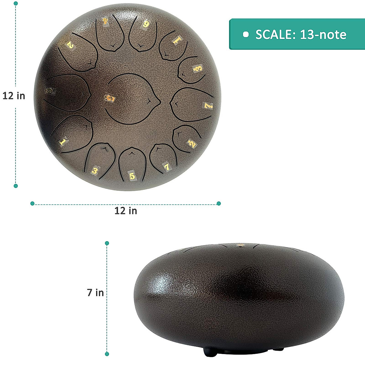 Sidasu Steel Tongue Drum 13 Notes 12 Inches Percussion Instrument Handpan Drum with travel Bag Music Book Mallets steel tongue drum stand（ 13 Notes 12 Inches, Bronze）
