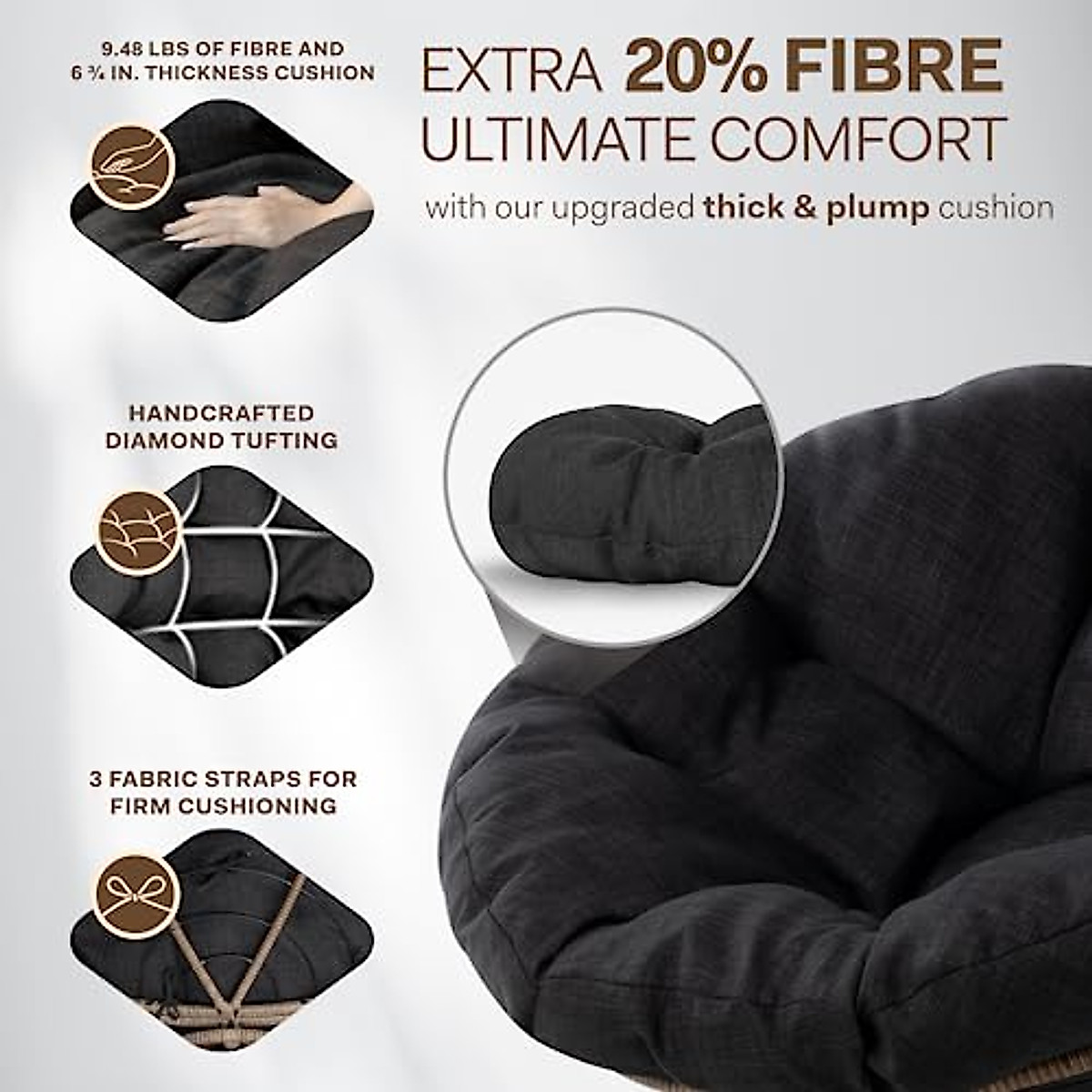 Bme 40" Ergonomic Wicker Papasan Chair with Soft Thick Density Fabric Cushion, High Capacity Steel Frame, 360 Degree Swivel for Living, Bedroom, Reading Room, Lounge, Onyx Stone - Brown Base