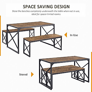 VECELO Kitchen Table with 2 Benches for 6,Wood Dining Room Dinette Sets with Metal Frame for Breakfast Nook and Small Space, 55", Brown