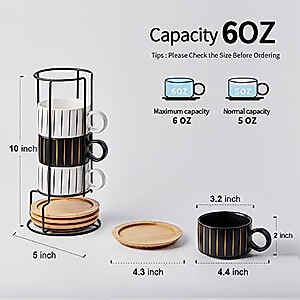 LUKA Porcelain Espresso Cup with Saucer and Metal Stand, 6 Ounce Stackable Ceramic Demitasse Espresso Mugs Cappuccino Cups Set for Latte,Coffee,Cafe Mocha,Tea(Set of 4)