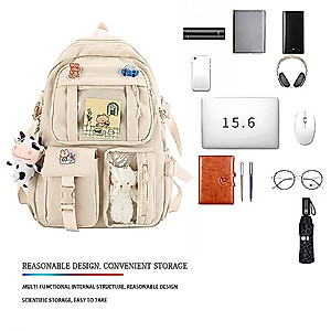 KUJIAPIN Casual School Backpack For Teen Girls Boys with Cute Pin Accessories Plush Pendant