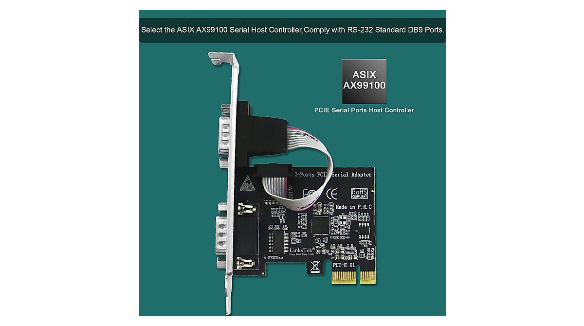 LinksTek 2-Port PCIe RS232 Serial Card for Windows/Linux - X1/X4/X8/X16