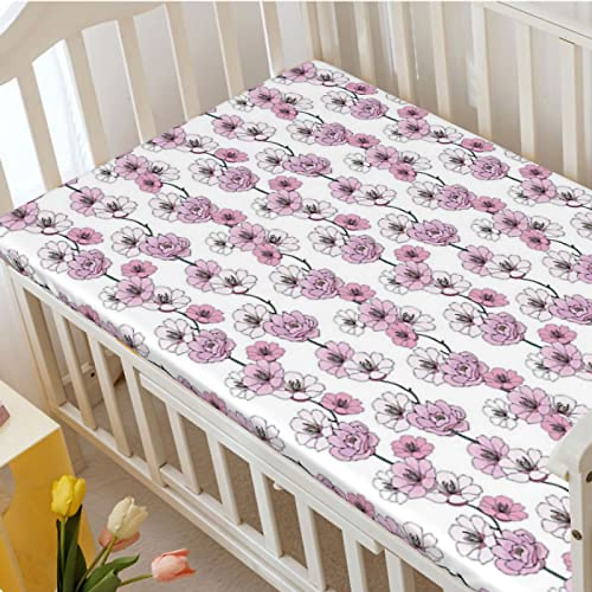 Plant Watercolor Themed Fitted Crib Sheet,Standard Crib Mattress Fitted Sheet Soft & Stretchy Fitted Crib Sheet-Baby Sheet for Boys Girls,28“ x52“,Lilac Pale Mauve Jade Green Grey