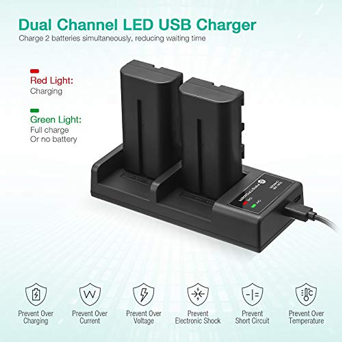 FirstPower NP-F550 Battery 2-Pack and USB Dual Slot Charger Compatible with Sony NP F570, F550, F530, F970, F960, F770, F750, F330, CCD-SC55, TR516, TR716, TR818, TR910, TR917