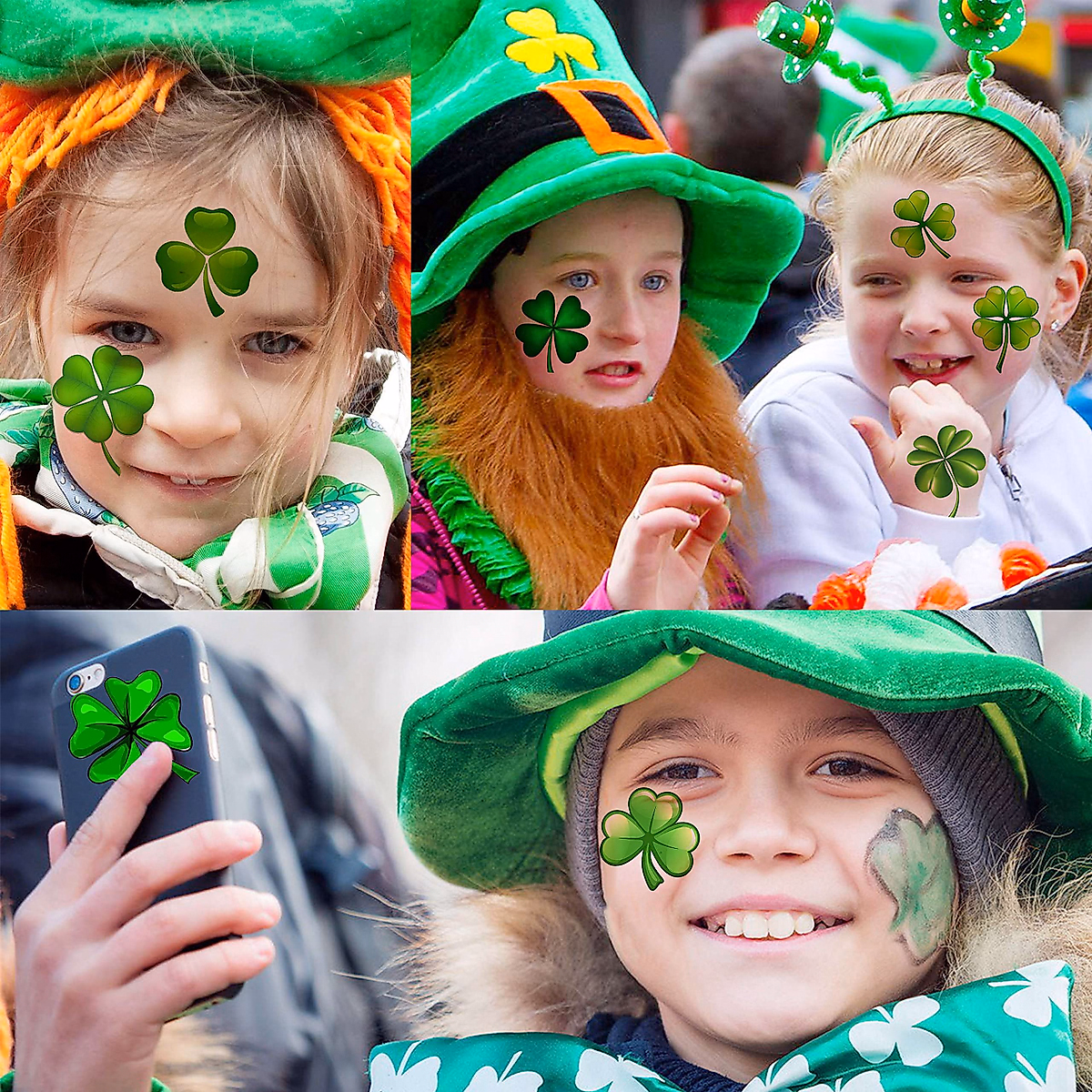 FANRUI 48 PCS 3D Shamrock Temporary Tattoos For Kids Adults Irish Party Favor Accessories, St. Patrick's Day Tattoos Stickers Women Men, Saint Patricks Day Tattoo Lucky Green Four Leaf Clover Decals