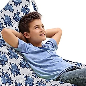 Lunarable Shabby Flora Lounger Chair Bag, Bouquet of Roses with Retro Inspirations on Polka Dotted Background, High Capacity Storage with Handle Container, Lounger Size, Blue Grey Navy Blue