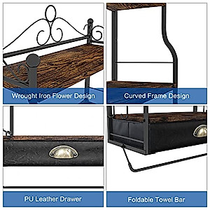 Jautokerdar Wall Mounted Bathroom Shelves with Drawer, 3 Tier Hanging Storage Rack with Foldable Towel Bar, Towel Holder Floating Organizer Shelves with Hook