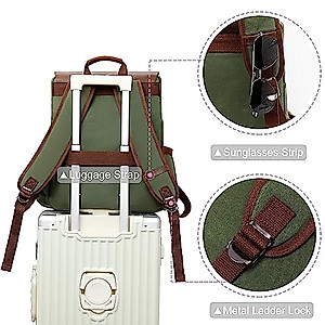 Modoker Waxed Canvas Backpack, Leather Rucksack Knapsack for Men Woman Vintage Travel Laptop Backpack 15.6 Inch Satchel Backpack, Retro Flap Backpacks Canvas Casual Daypack, Green