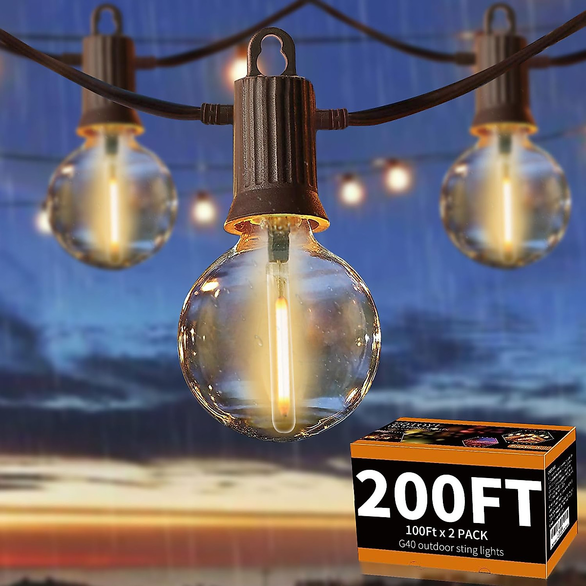 ZOTOYI Outdoor String Lights Waterproof IP65, 200 FT Outdoor Lights for Patio with 104 Shatterproof G40 Bulbs(4 Spare), LED String Lights for Outside, Cafe, Porch, Backyard, Dimmable (2-Pack 100FT)