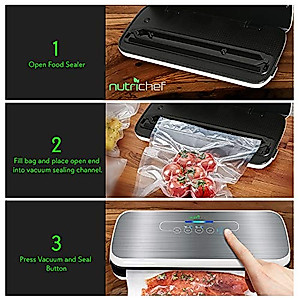 NutriChef PKVS Sealer | Automatic Vacuum Air Sealing System Preservation w/Starter Kit | Compact Design | Lab Tested | Dry & Moist Food Modes | Led Indicator Lights, 12", Silver