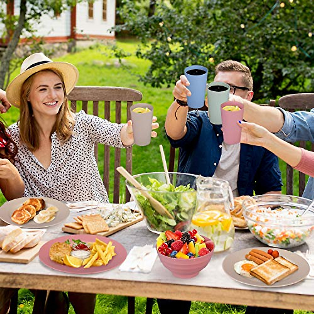 Cainfy Wheat Straw Dinnerware Set for 6, Upgraded Unbreakable Cereal Fruit Soup Rice Bowls Plates Mugs Sets for Outdoor Camping Dishwasher Microwave Safe