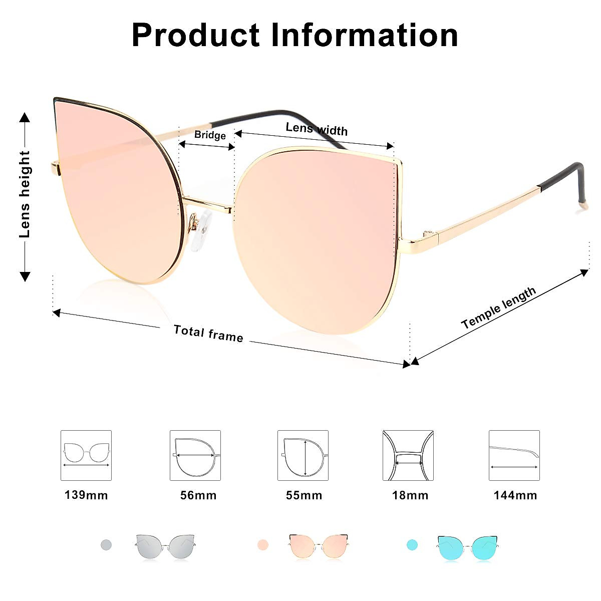 SOJOS Cat Eye Mirrored Flat Lenses Ultra Thin Light Metal Frame Women Sunglasses SJ1022 with Gold Frame/Pink Mirrored Lens