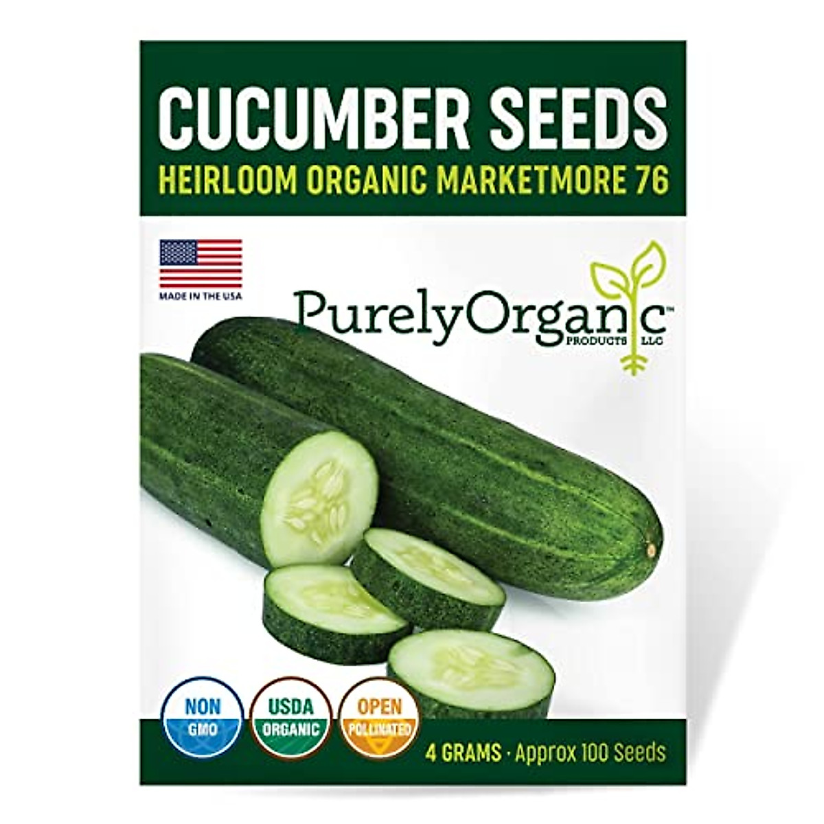 Purely Organic Products Purely Organic Heirloom Cucumber Seeds (Marketmore 76) - Approx 140 Seeds - Certified Organic, Non-GMO, Open Pollinated, Heirloom, USA Origin