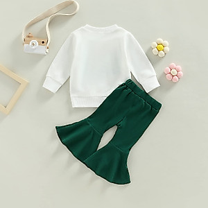 Engofs Toddler Baby Girl St. Patrick's Day Outfit Long Sleeve Letter Print Sweatshirt Tops Bell Bottoms Pants Set My First St Patricks Clothes Green 2-3T