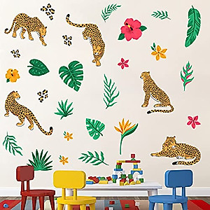 WOYINIS Leopard Cheetah Jaguar Wall Decal Stickers DIY Palm Leaves Plants Flowers Wall Decals Removable Peel & Stick Tropical Wall Decals for Living Room Bedroom Playroom Classroom Nursery Wall Decor