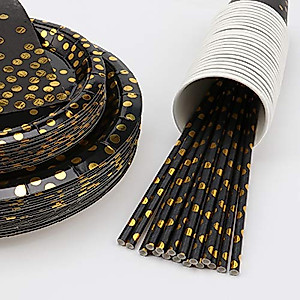 24 Guests Black and Gold Party Supplies Disposable Party Plates Tableware Cups Napkins Straws Table Cloth for 18th 50th 70th Birthday Party 1920s Cocktail Halloween Plates Gold Dot Black Paper Plates