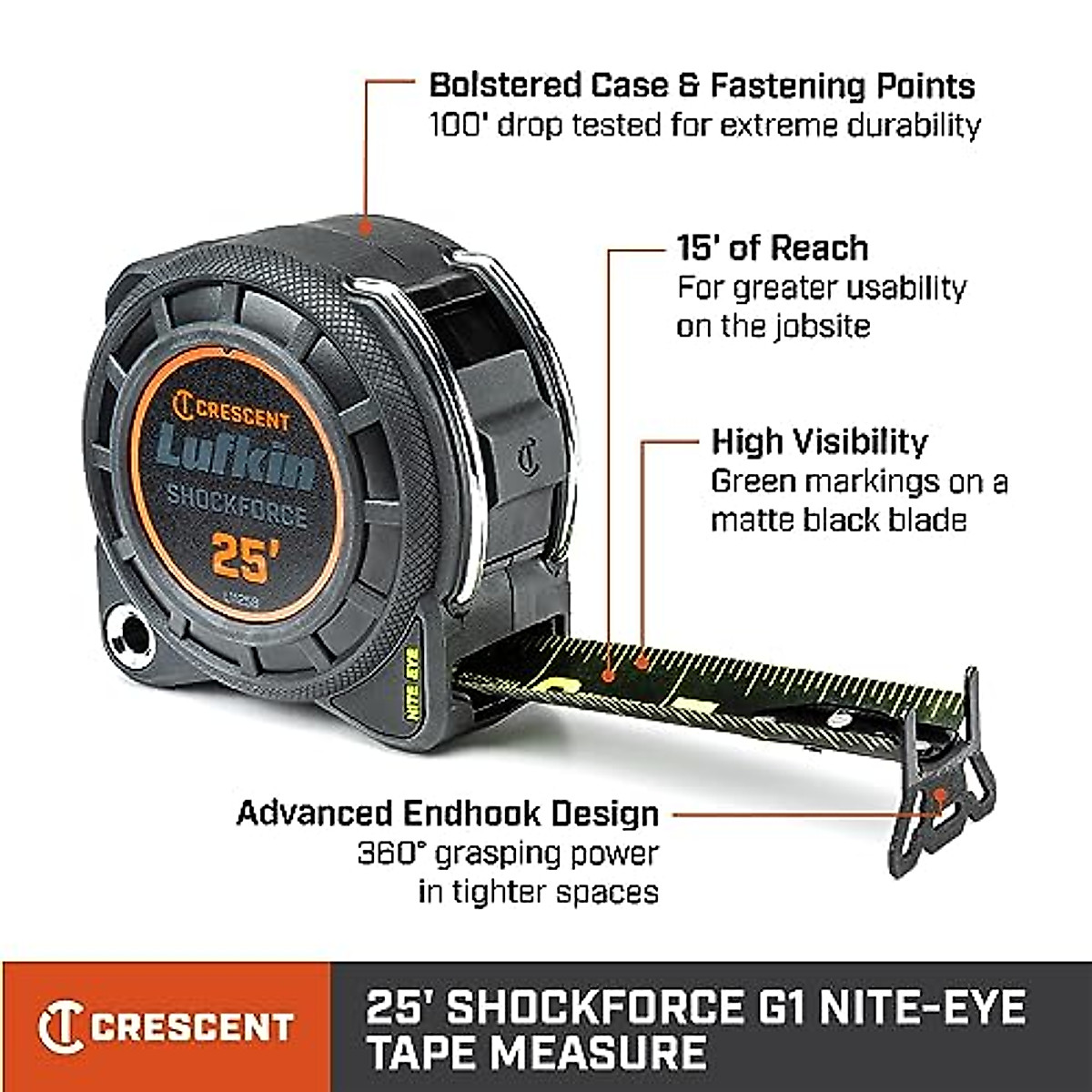 Lufkin 1-3/16" x 25' Shockforce Nite Eye G1 Dual Sided Tape Measure