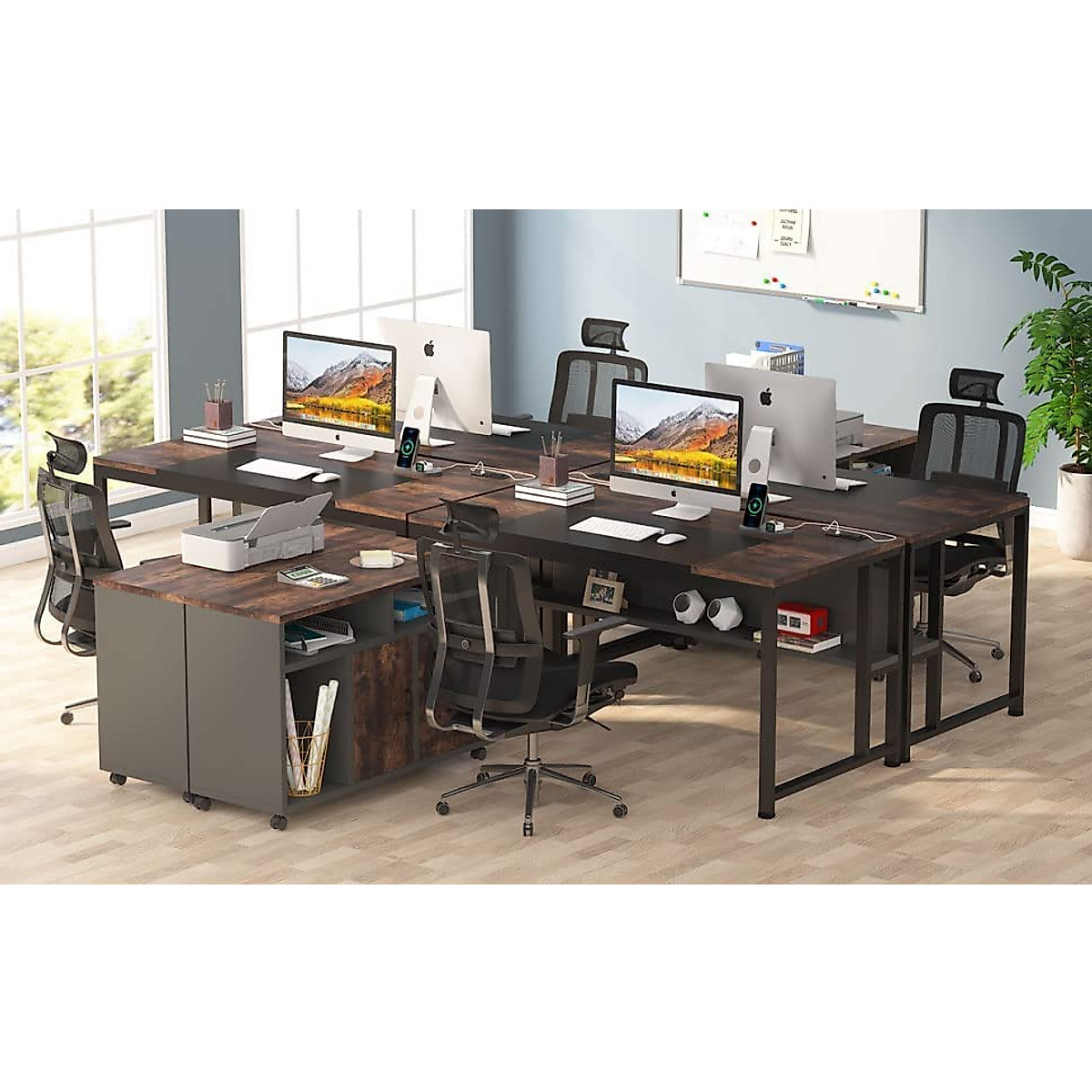 Tribesigns 55 inches Executive Desk with File Cabinet and Power Outlet,L-Shaped Computer Credenza Desk, Home Offices Desk with Drawers and Shelves, Rusitc Business Furniture Set