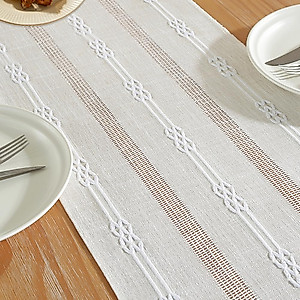 AUAUY Table Runner with Handmade Tassels, Boho Style Beige Weave Stripes Polyester Fabric Table Runner, Macrame Table Decoration for Holiday Party Dining Wedding and Everyday Use(13*70.87in)