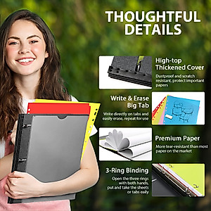 WOT I All-in-one Telescoping Binder Notebook, Refillable 3 Ring Binder with Customized Front Cover+Catalog Back Pocket+5 Subject Dividers+Movable Pocket Folder+60 Sheets Notepaper, Black
