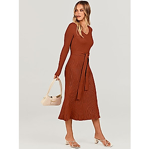ANRABESS Women Long Sleeve V Neck A-line Tie Waist Slim Fit Ribbed Knit Bodycon Midi Sweater Dress 2025 Fall Trendy Outfits Rust Small