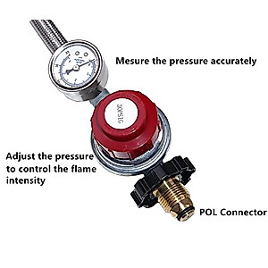DOZYANT 12 Foot 0-30 PSI High Pressure Adjustable Propane Regulator with Gauge Indicator, Stainless Steel Braided Hose, Gas Grill LP Regulator for Burner, Turkey Fryer, Forge, Smoker and More