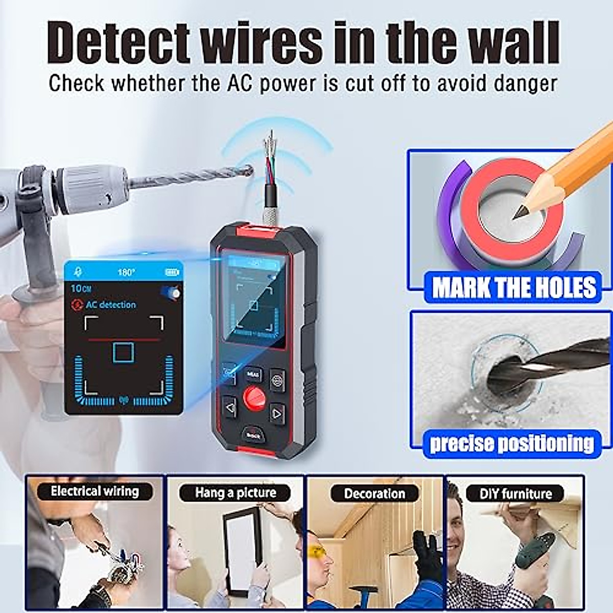 NOYAFA NF-518S Wall Scanner Stud Sensor 3IN1 Stud Detector Beam Detector Laser Rangefinder Digital Level Meter Tape Measure for Metal, Wood, Joists, AC Cord Rechargeable, Voice Annunciation