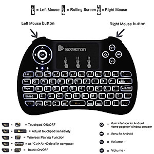 Beastron (Upgraded) 2.4G Mini Wireless Keyboard with Touchpad Mouse＆QWERTY Keyboard, Backlit Portable Keyboard Wireless with Remote Control for Laptop,PC,Google Android TV,Xbox,PS3/4 .Black