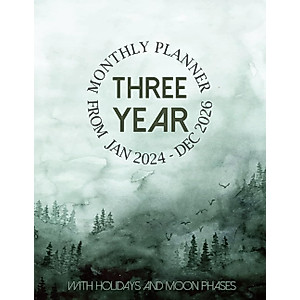 2024-2026 three year monthly planner: 3 Year Calendar from Jan 2024 to Dec 2026 Agenda Schedule Organizer with holidays and Moon Phases Watercolor Green forest