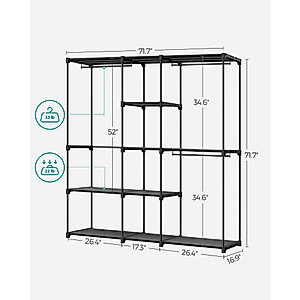 SONGMICS Portable Closet, Freestanding Closet Organizer, Clothes Rack with Shelves, Hanging Rods, Storage Organizer, for Cloakroom, Bedroom, 71.7 x 16.9 x 71.7 Inches, Black URYG037B02