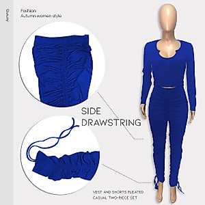 Qusuny Yoga Outfits for Women 2 Piece Set Crop Top V Neck High Waist Bodycon Ribbed Solid Sweatsuits Tracksuits Side Drawstring Casual Pants Set Jumpsuit Blue M