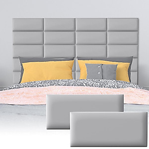 Elvone Upholstered Headboard Panels, 6 Panels Sized 7.8" x 15.7" Peel and Stick Padded Wall Panels for Kids, 3D Anti-Collision Wall Mounted Bed headboard for Full, Grey