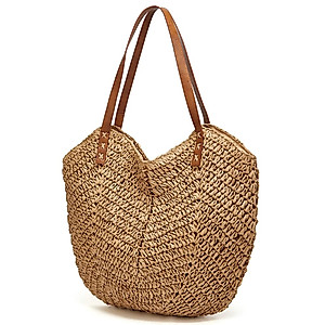Summer Casual Straw Tote Bag Large Capacity Woven Shoulder Handbag for Summer Beach Vocation (A-Khaki)