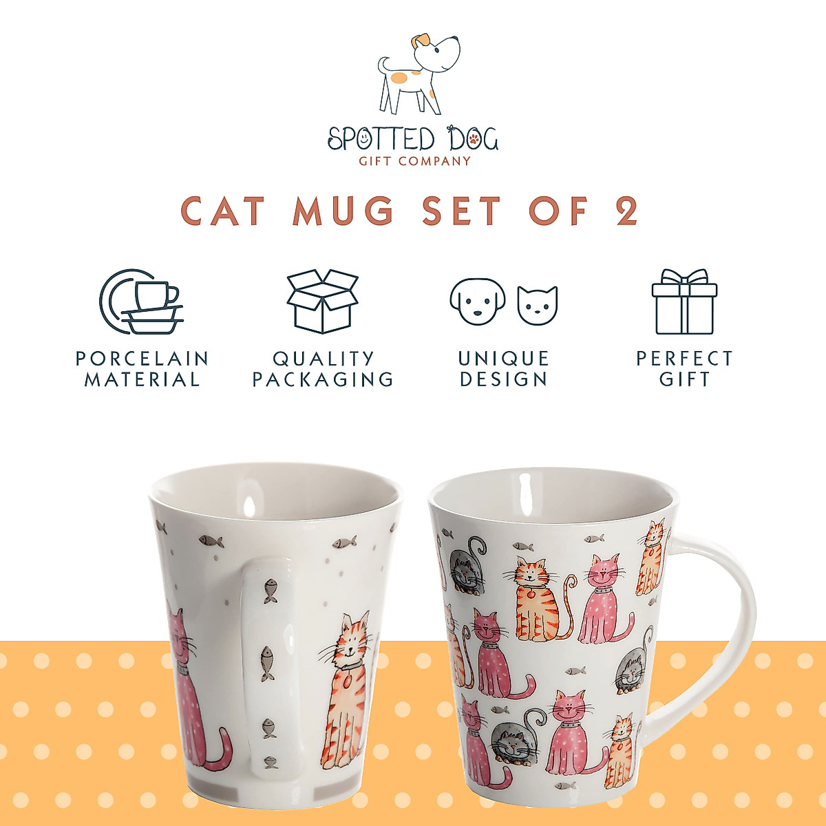 SPOTTED DOG GIFT COMPANY Cat Mugs, Cat Coffee Mug Set, 12 oz Cute Ceramic Porcelain China Coffee Tea Mugs Cups, Happy Cats Themed Gifts for Cat Lovers and Animal Lovers Women Men, Set of 2