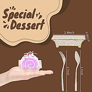 XUWAIDSGN 50 Pieces Mini Gold dessert plates 2.4 inch disposable Small Appetizer Plates with Forks Spoons Set Gold Glitter Plastic Square Tasting Sample Plates Party Mini Serving Tray for Appetizers