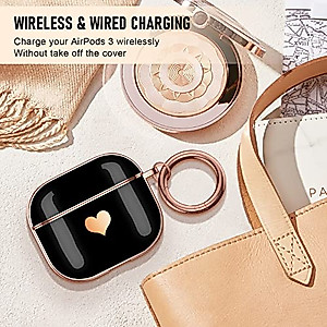 Maxjoy AirPods 3rd Generation Case Cover, Cute Electroplating with Gold Heart Pattern with Lanyard Shockproof Cover for Girls Woman Airpods 3 case-Black