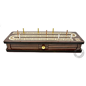 House of Cribbage - Continuous Cribbage Board/Box Inlaid in Rosewood/Maple 12" - 3 Tracks - Sliding Lid Drawer