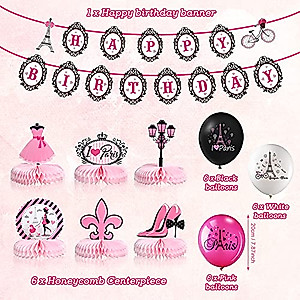 Paris Party Decorations Set, Pink Paris Happy Birthday Banner I Love Paris Honeycombs Centerpieces Eiffel Tower Balloons Decor for Paris Birthday Party Girl Party Baby Shower Supplies
