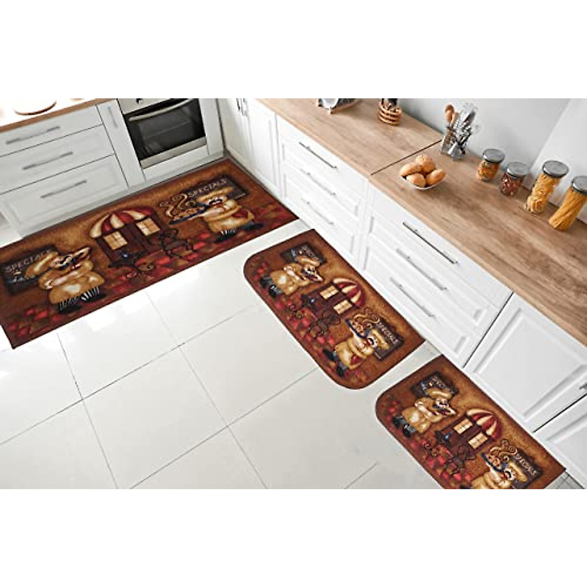 Kashi Home Kitchen Rug, Printed Area Rug, Durable Floor, Door Mat, Farmhouse Non-Slip Carpet Latex Backing Beautiful Design Chef 3pc Set (2 18x30 D Shape & 1 20x40)