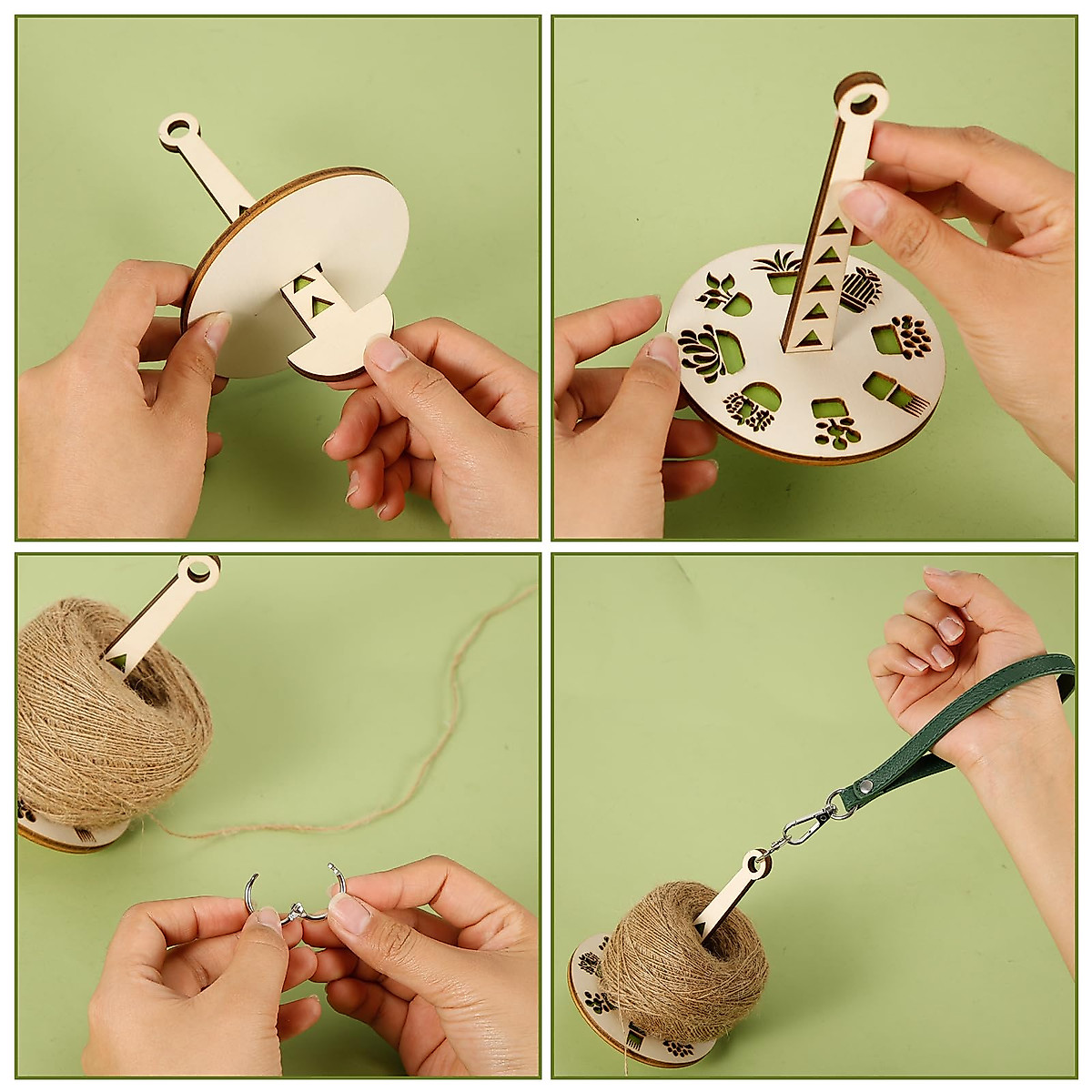 Wrist Yarn Holder, Portable Wrist Yarn Ball Minder Stand with Leather Wristband Wooden Twizzling Yarn Organizer Storage Knitting Supplies Crocheting Gift for Craft Lover (Green)