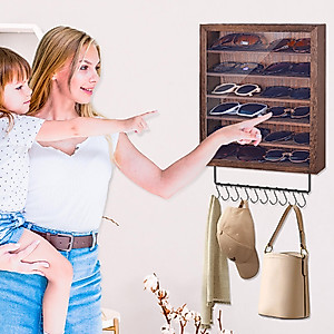 MOCAS Sunglasses Organizer Storage Wall Mounted, Wood Eyeglasses Display Holder with 10 Hooks, Eyeglass Organizer for Multiple Glasses, Dust Proof Sunglasses Storage Case