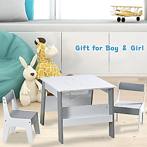 Anxious monkey Kids Table and Chairs Set, 2 in 1 Desk with Storage Space Wooden Activity Tabletop for Kids, Unique, Sturdy Children Table and Chairs Set for Reading, Drawing, Playroom, Gift for Kids