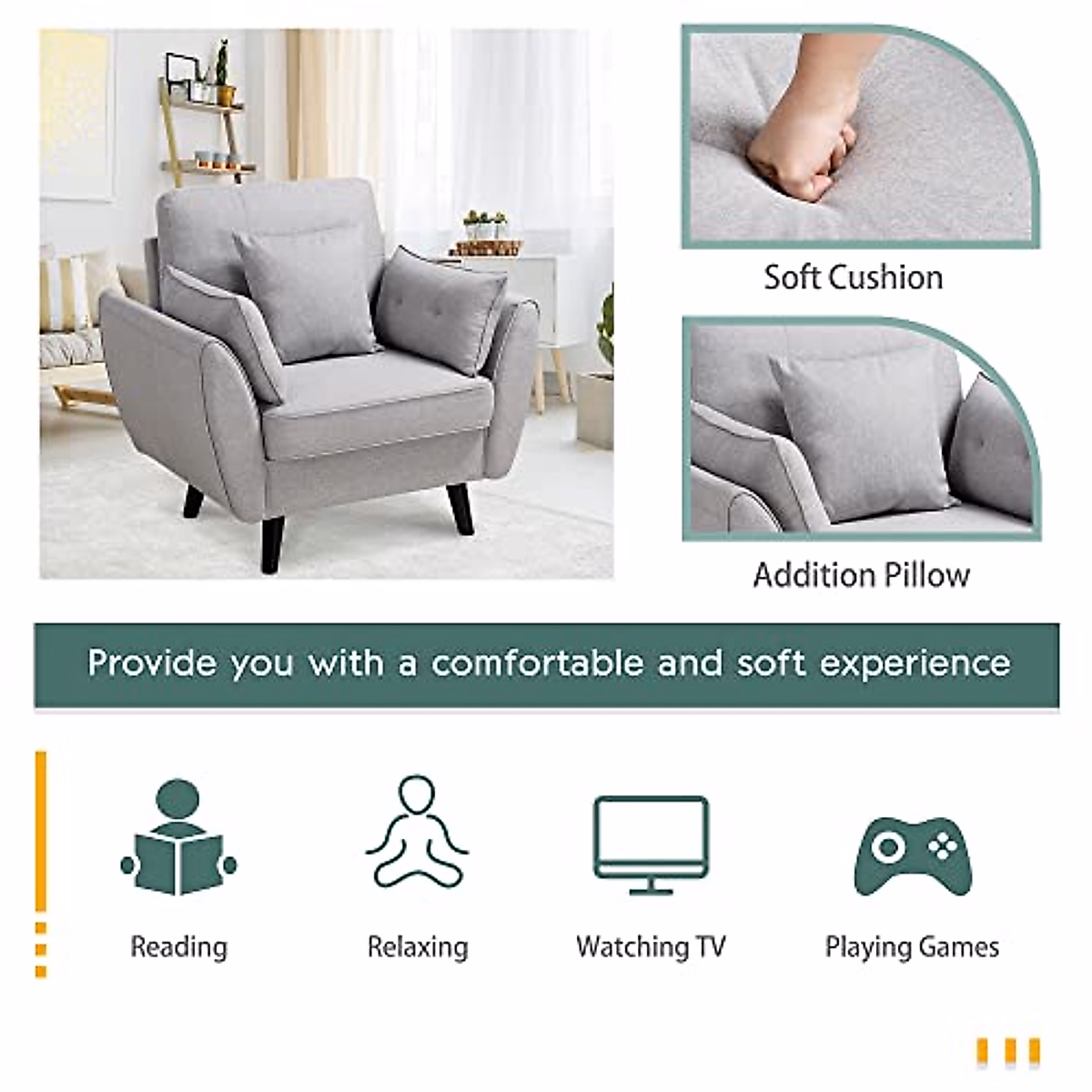 JAMFLY Small Sofa Couch for Living Room, Upholstered Modern Sofa Chair with Pillow, Comfortable Small Sofa for Bedroom, Office