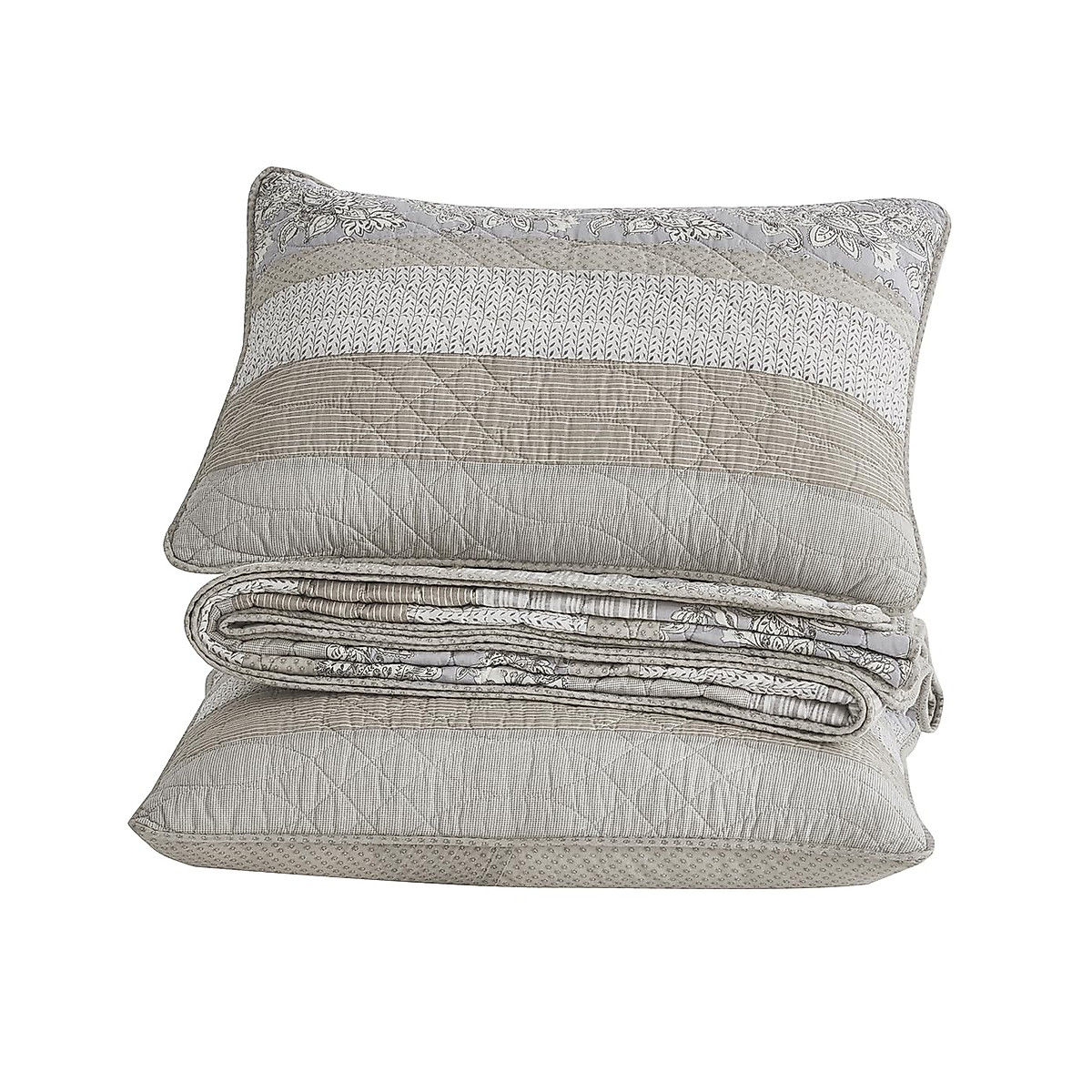 Chezmoi Collection Robyn 3-Piece Neutral Taupe Gray White Floral Hibiscus Flower Patchwork Striped Quilt Set - Pre-Washed Cotton Coverlet - Lightweight Reversible Bedspread, Queen Size