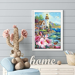 5D Diamond Painting Numbers Kits for Adults,DIY Full Drill Diamond Painting Seaside Lighthouse Round Diamond Art Crystal Craft for Home Wall Decor Gift(12x16inch)