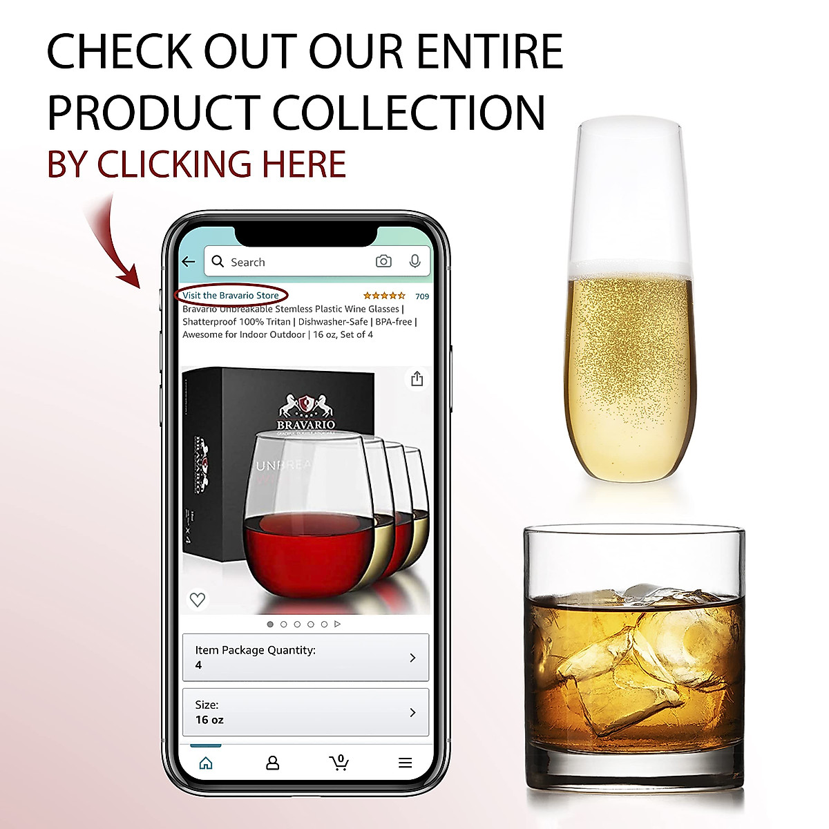 Bravario Unbreakable Glasses Bundle | 4 Wine, 4 Whiskey, 4 Champagne | Shatterproof 100% Tritan Plastic | Dishwasher-Safe | BPA-free | Awesome for Indoor & Outdoor, Gifts & Holidays