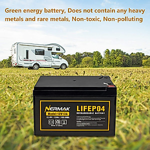 NERMAK 2 Pack 12V 12Ah LiFePO4 Deep Cycle Battery, 2000+ Cycles Lithium Iron Phosphate Rechargeable Battery for Solar Power,UPS,Lighting, Power Wheels, Fish Finder, Scooters and More, Built-in 12A BMS