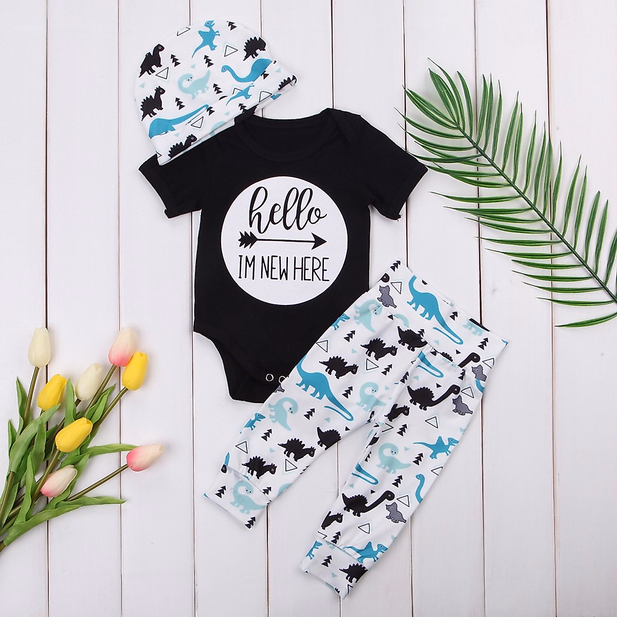 Hello Im New Here Infant Baby Boy Dinosaur Outfit Romper Pant Hat Clothes Set (0-3 Months, Black+White)