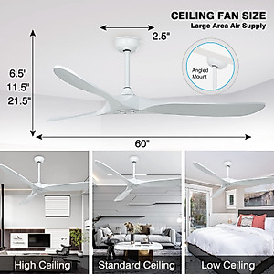 HUMHOLD 60" Wood Ceiling Fan no Lights with Remote, Reversible DC Motor 6-Speed Ceiling Fan, 3 Wood Fan Blades White Ceiling Fan Without Light, Modern Propeller Ceiling Fans for Bedroom/Living Room